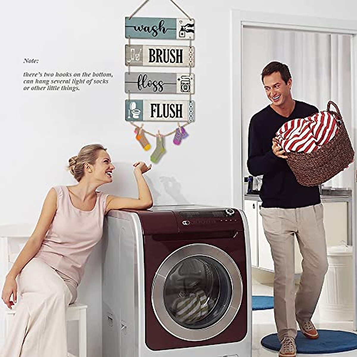 SAC SMARTEN ARTS Bathroom Wall Decor Rustic Bathroom Wall Art Funny Bathroom Wall Hanging Sign - Wash Brush Floss Flush - 4 Pieces Wood Bathroom Decorations for Wall 13.8 x 4 inch