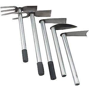ZEONHEI 5 PCS Hoe Garden Tool Set, Hoe and Cultivator Hand Tiller, Heavy Duty Digging Hoe, 2 Fork and 3 Fork Hand Tiller for Gardening Weeding Digging Loosening Soil, Carbon Steel