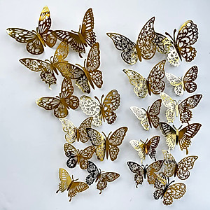 72Pcs Gold Silver Butterfly Wall Sticker Decal 3D Metallic Art Butterfly Mural Decoration DIY Flying Stickers for Kids Bedroom Home Party Nursery Classroom Offices Décor (Gold)