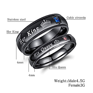 2pcs His Queen Her King Wedding Engagement Band Stainless Steel Black Couple Rings For Him and Her Matching Set