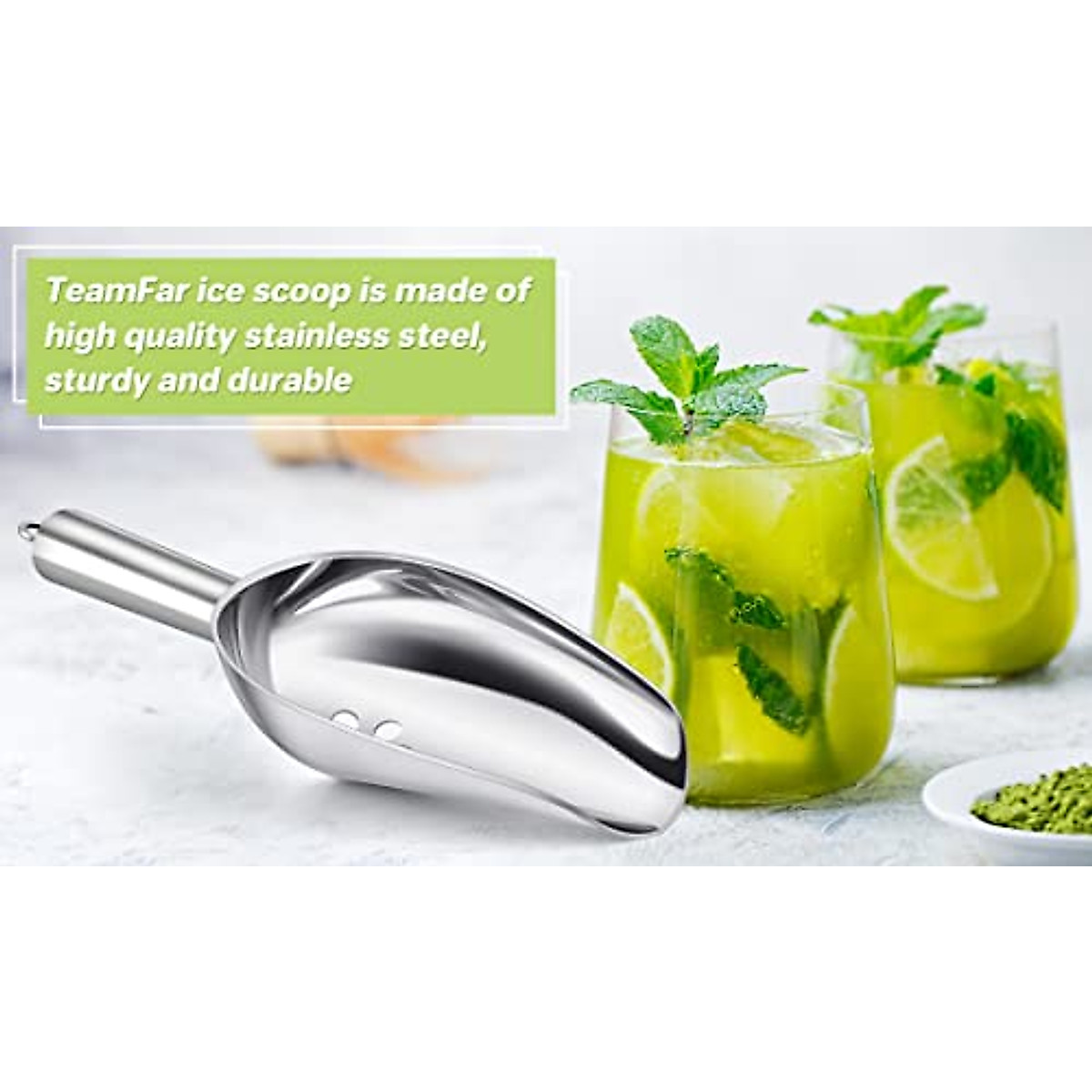 TeamFar 5 oz Ice Scoop with Holes, Stainless Steel Food Scoop Shovel with Drain Holes for Kitchen Bar Party Wedding, Healthy & Heavy Duty, Sturdy Handle & Mirror Finish, Dishwasher Safe