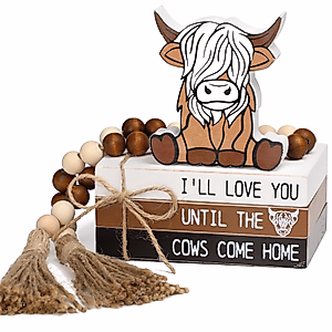 5PCS Highland Cow Decor, Farmhouse Tiered Tray Decor, Wooden Book Stacks Rustic Table Centerpiece for Home Room Mantle Fireplace Shelf