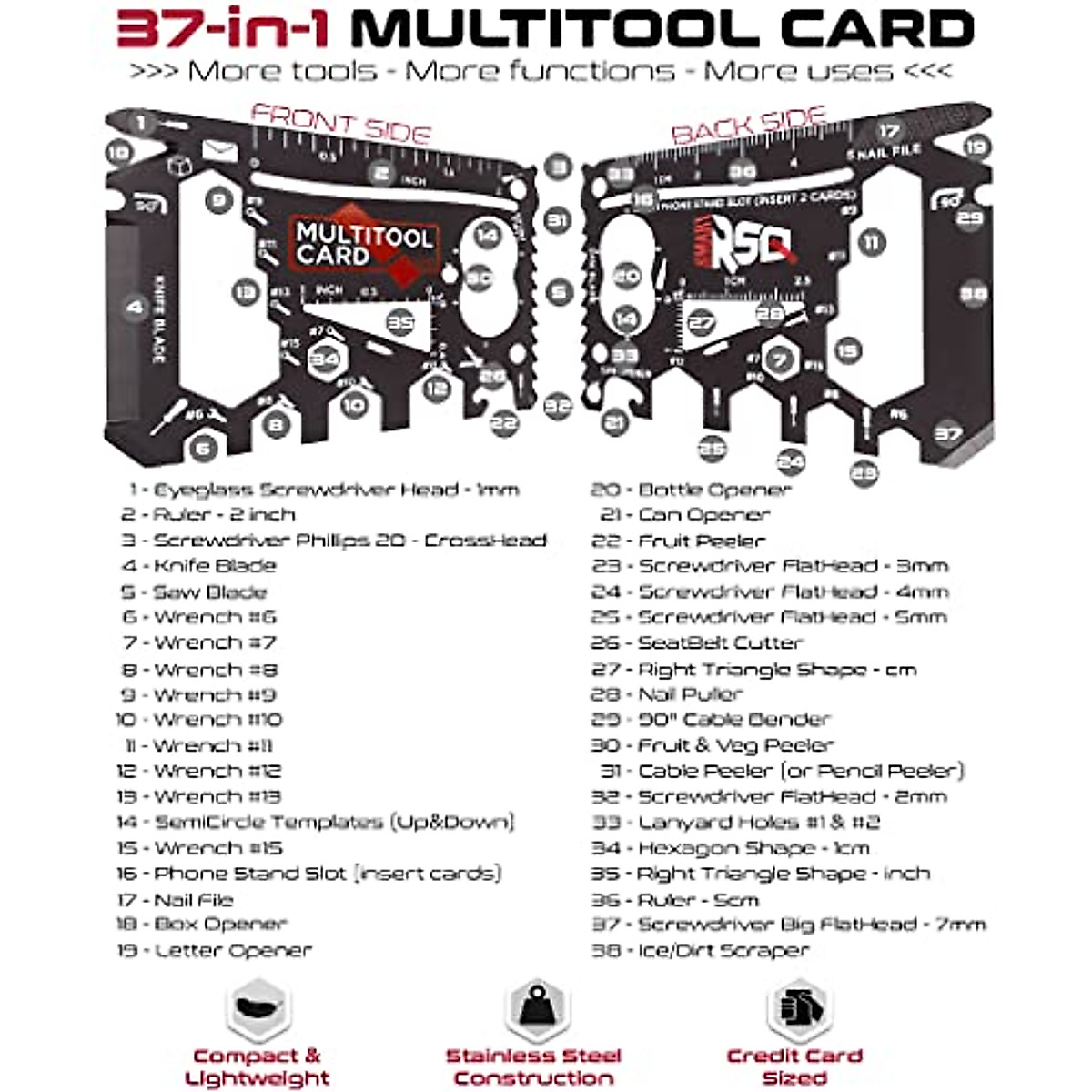 37-in-1 Wallet Tool Card Gift. Black Credit Card Bottle Opener Multitool with Multifunction Tools. Best Stocking Stuffer Gifts for Men, Dads, Husbands, HandyMen & Outdoor Enthusiasts