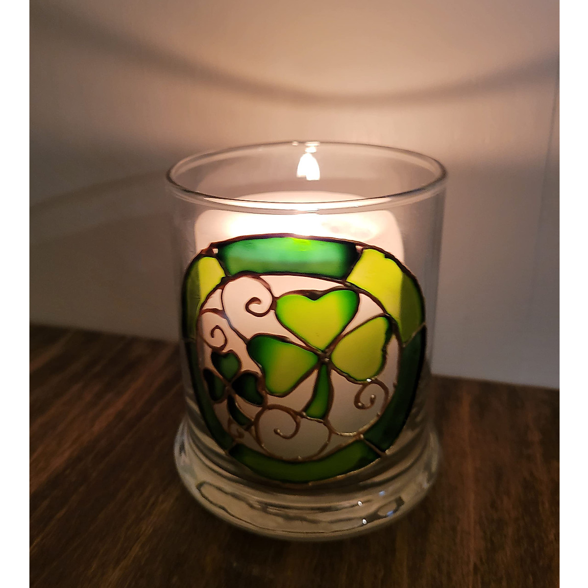 Green Shamrock Four Leaf Clover Hand Painted Stained Glass Candle Holder St Patrick's Day Decor