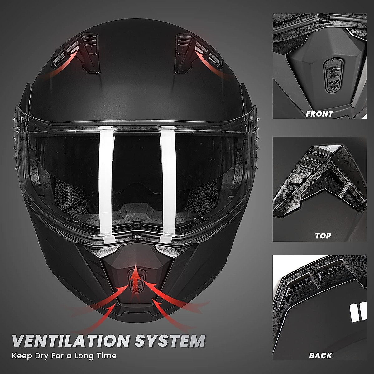 ILM Motorcycle Modular Full Face Helmet Flip up Dual Visor Motorbike Moped Street Bike Racing for Adult,Men and Women DOT Model 906(Matte Black,Large)