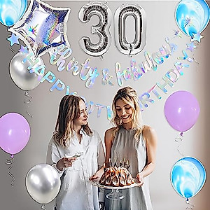 Iridescent Thirty & Fabulous Happy 30th Birthday Banner Garland Foil Balloon 30 for Womens 30th Birthday Decorations Hanging 30 and Fabulous Cheers to 30 Years Old Dirty Thirty Party Supplies Backdrop