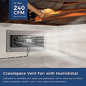 ALORAIR Crawlspace Ventilation Fan, Crawlspace Fan vent with Temperature Humidity Controller, Timing Cycle, Speed Control, for garage, shed, crawl space, basements, 240CFM (Air-out)