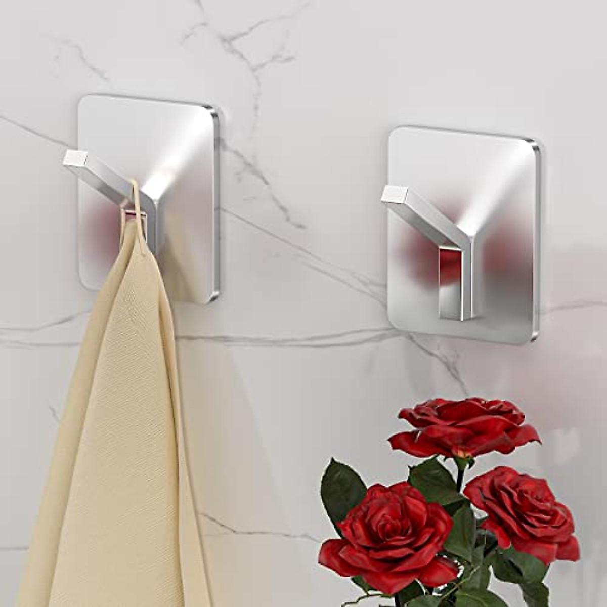 YAYINLI Towel Hooks - Adhesive Wall Hooks for Hanging Coat Robe Towels Hook, Heavy Duty Hooks Stick on Bathroom Bedroom Kitchen, Stainless Steel Rustproof Shower Hooks, 4 Pack