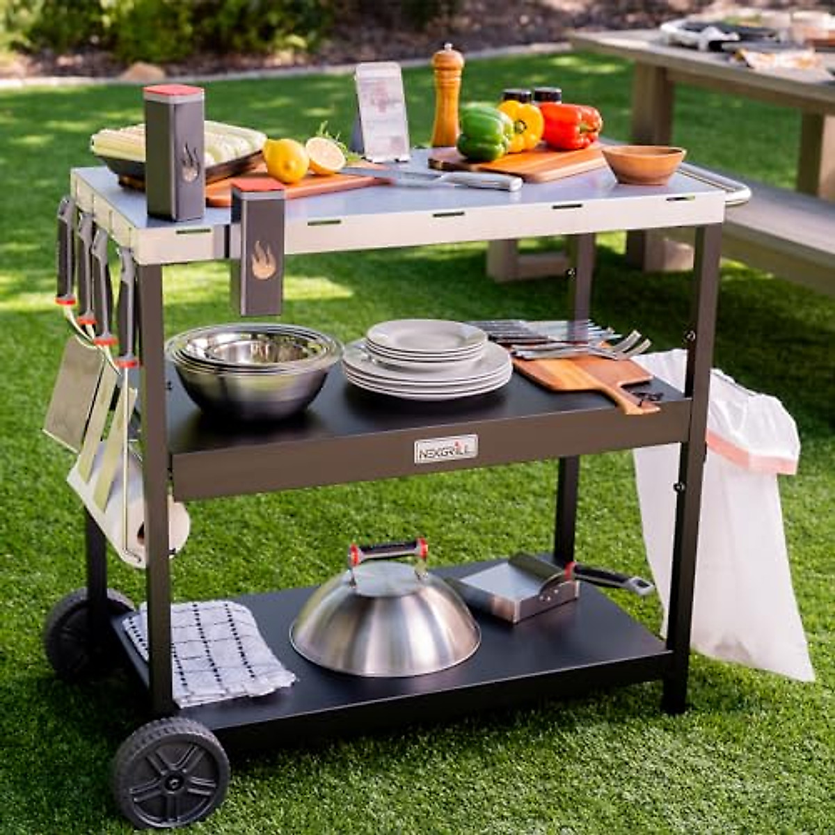 Nexgrill Outdoor Stainless Steel Food Preparation Cart with Double Shelf, 648 sq. in., Portable, Side Handle, Paper Towel and Trash Bag Holder, 4 Hooks, Backyard and Patio Barbeque Grill Cart