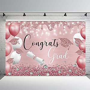 MEHOFOND 7x5ft Rose Gold Congrats Grad Backdrop Graduation Decorations Class of 2024 Ceremony Banner Pink and White Balloons Prom Supplies Photography Studio Props