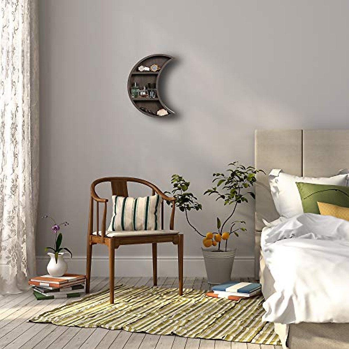 RUSTIX Rustic Brown Crescent Moon Shelf - Wall Mounted Hanging Floating Shelves for Essential Oil Display or Crystal Holder - Moon Phase Hippie Celestial Boho Nursery Decor - Gothic Witchy Room Decor