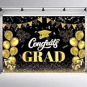 HVEST Congrats Grad Backdrop Black and Gold Balloon Class of 2023 Photography Background for Graduation Party Decorations Graduation Banner Cake Table Decor Photo Booth Props,7x5ft