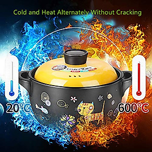 AHUONEL Ceramic Stockpot Clay Cooking Pot Cookware Stovetop, Cartoon Pattern Stew Pot Hot Pot Clay Pots Soup Pot Casserole Cooking Pot 2.6 Quart Yellow Cat