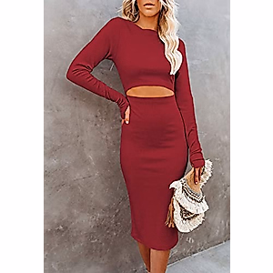 Uusollecy Women's Long Sleeve Cutout Dress, Sexy Bodycon Midi Dresses, Fall Dress for Women Knee Length Red X-Large