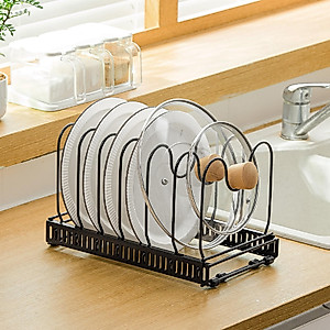 Pots and Pans Organizer, Expandable Pot and Pan Organizer for Cabinet, Pan Organizer with 10 Adjustable Dividers, Anti-Scratch Pan Organizer Rack for Cabinet, Pot Lid Organizer for Pans/Lids, Black