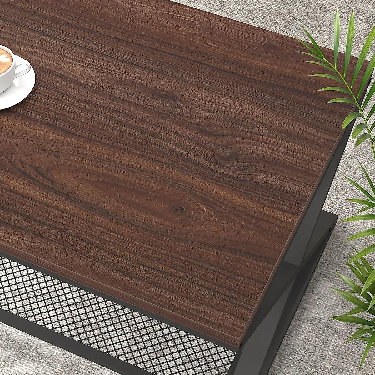 LVB Walnut Coffee Table with Storage, Metal Wood Rectangle Living Room Table, Industrial 2 Tier Center Table with Mesh Shelf, Vintage Wooden Middle Concrete Tables for Office Bedroom, 39 inch, Walnut