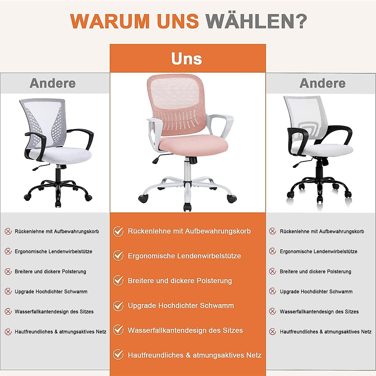 Sweetcrispy Office Computer Desk Chair, Ergonomic Mid-Back Mesh Rolling Work Swivel Task Chairs with Wheels, Comfortable Lumbar Support, Comfy Arms for Home, Bedroom, Study, Student, Pink