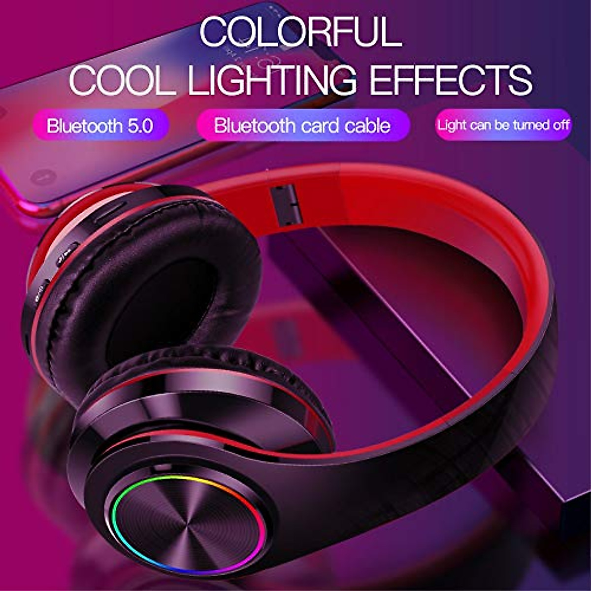 Amazing 7 LED Bluetooth Headphones with 8Hours Playtime, Wireless Headsets Over Ear, Hi-Fi Stereo, Multi-Colored Breathing Led, Built-in Mic, Snug Fit Earphones for Game Video DJ (Grey Blue)