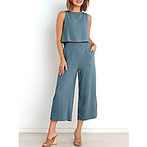 ANRABESS Women's 2 Piece Outfits Summer Sleeveless Tank Crop Button Back Top Cropped Wide Leg Pants Set Matching Loungewear Set Spring Clothes Beach Vacation 546Hulv-M