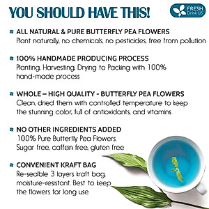 FreshDrinkUS, Premium 1010+ Butterfly Pea Flowers, 100% Natural & Pure from Whole Blue Butterfly Pea Flowers, Wildcrafted, Dried Blue Butterfly Pea Flowers Herbal Tea, No Gluten, Vegan