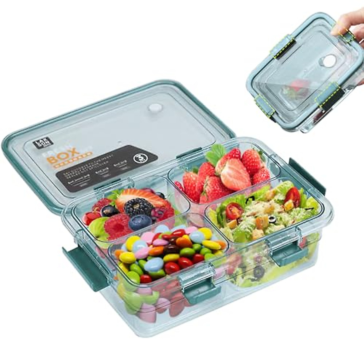 [Green]Air Tight Fresh Container,Divided Container Box with 4 Removable Boxes,Portable Travel Snack Containers,Food Storage Container with Vents Stay Fresh Containers,for Fruit Vegetable Salad Snack