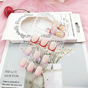 Square Press on Nails Extra Short Cute Rainbow Color French Tip Nails Acrylic False Nails with Designs Artificial Nails Press ons Reusable Glue on Nails for Women and Girls 24 Pcs