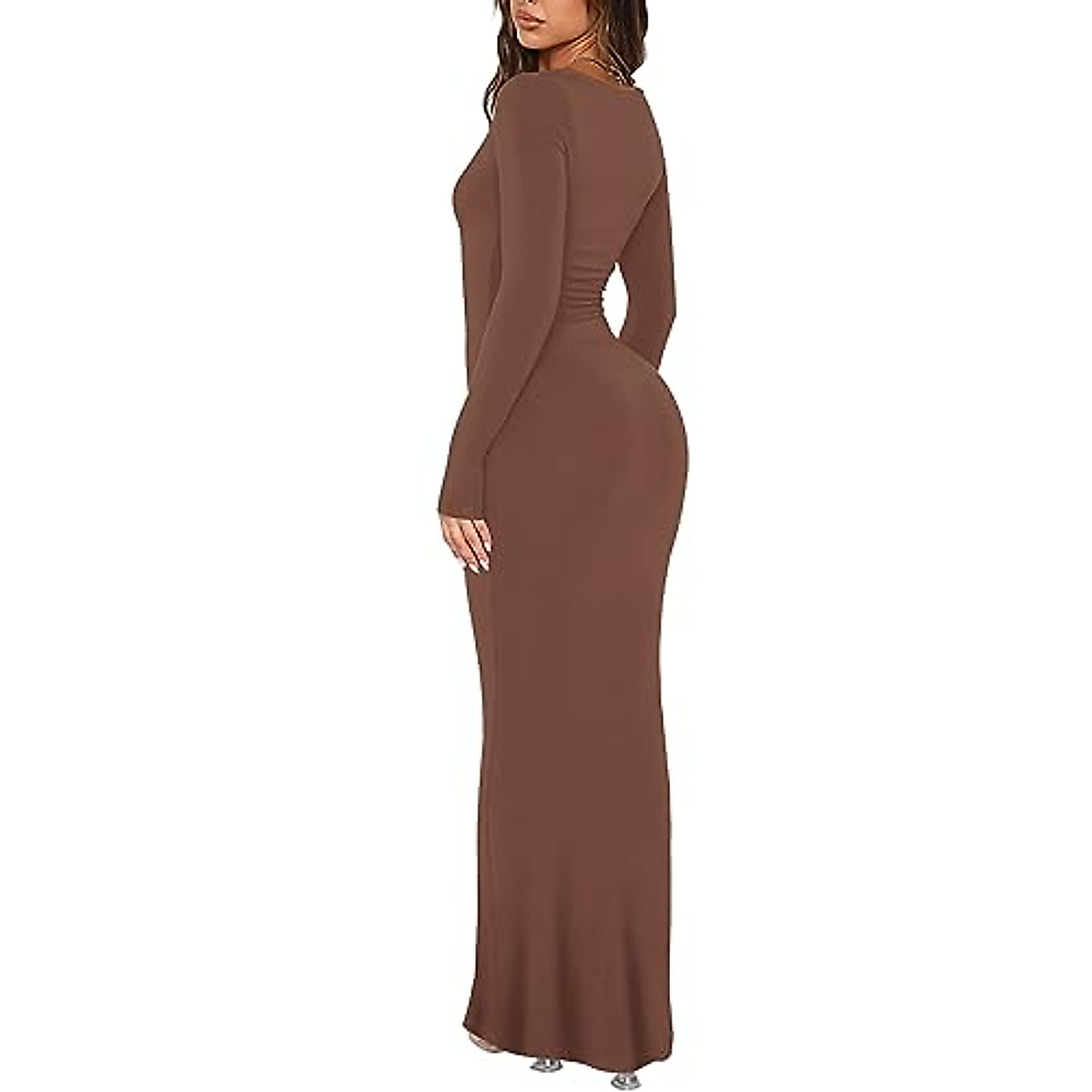 REORIA Women's Sexy Casual Scoop Neck Long Sleeve Lounge Long Dress Elegant Fall Wedding Guest Tight Ribbed Bodycon Maxi Dresses Coffee Small