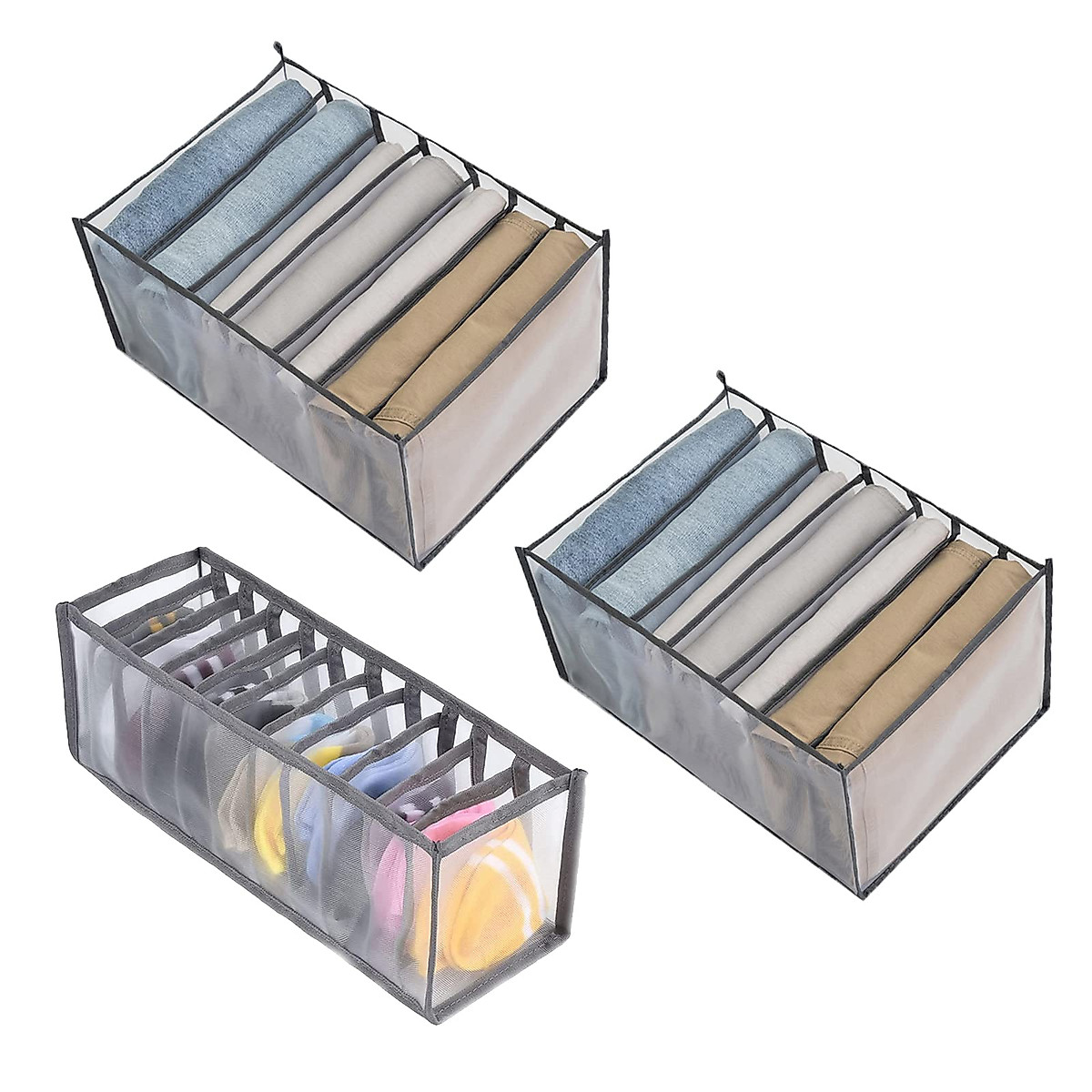DOUBLE 2 C 3 Pcs Washable Wardrobe Clothes Organizers, 7 Grids Foldable Visible Closet Organizer, Mesh Drawer Separation Storage Box for Jeans, Legging, T-shirt, Baby Kids Clothes
