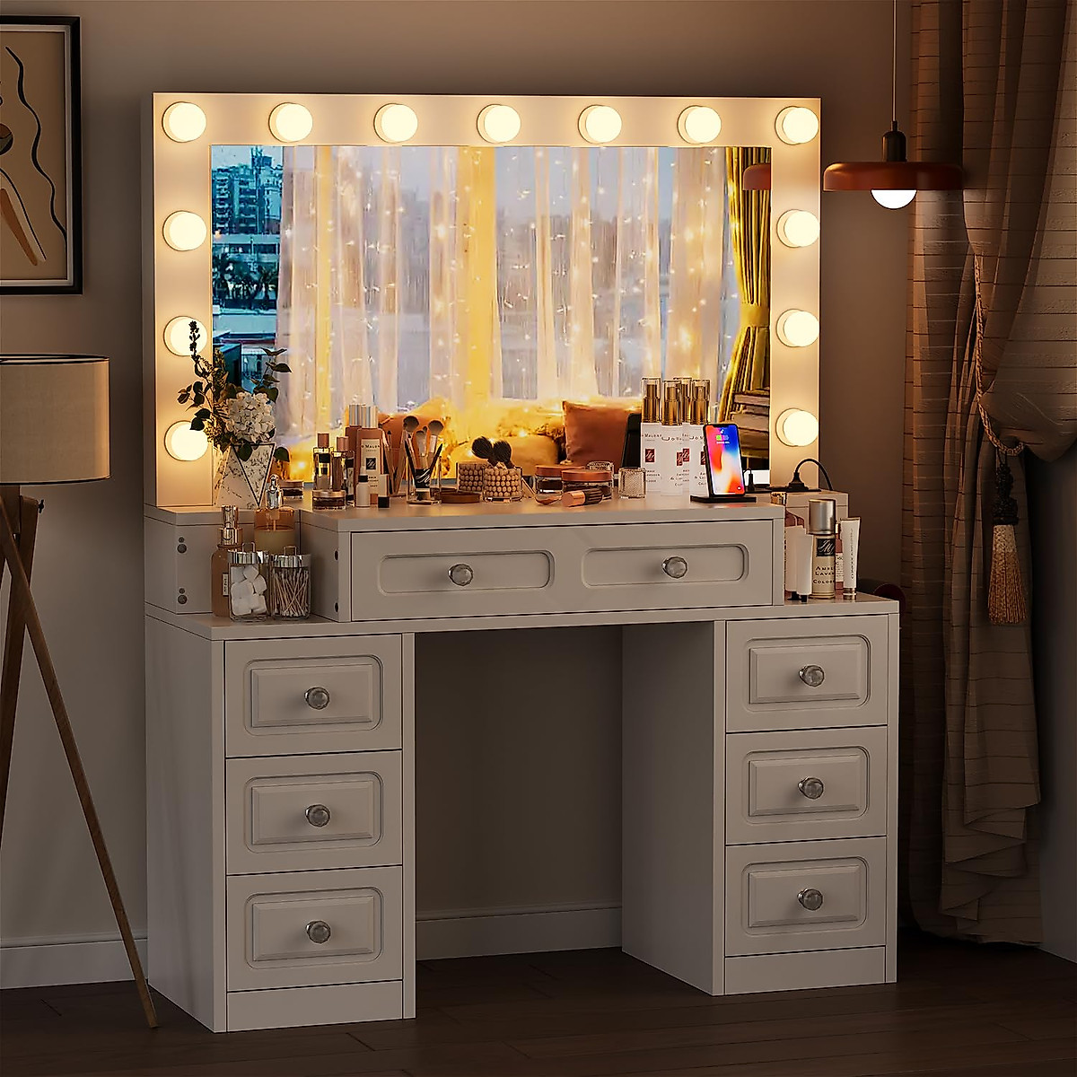 FURNJOYLIFE Farmhouse Makeup Vanity Desk with Lighted Mirror & Power Outlet, Vanity Dresser Table with 3 Lighting Modes Brightness Adjustable,7 Drawer,2 Shelves,Hair Dryer Stand for Bedroom,White