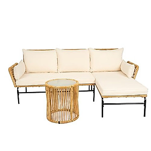 ojhnbvv 3 Pieces Outdoor Patio Wicker Furniture Sets Table and Chairs,L-Shaped Wicker Sectional Sofa with Glass Coffee Table/Detachable Cushion,for Backyard, Porch,Garden
