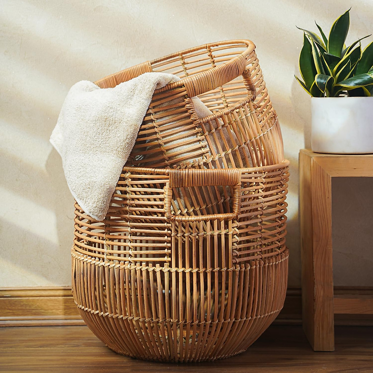 X AVIA HANDICRAFTS Set Of 2 Large Woven Blanket Baskets With Handles | Round Wicker Rattan Storage Floor Baskets for Shoe In Living Room | Extra Big Boho Rattan Laundry Baskets For Pillow, Blanket