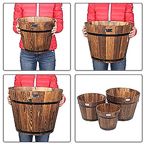 VINGLI 3 pcs Wooden Planter Barrel Set, Real Wood Indoor/Outdoor Flower Pot w/Drainage Holes, Different Sizes, Large Garden Container Box