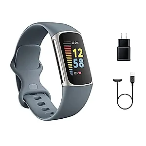 Fitbit Charge 5 Advanced Fitness Tracker with GPS, Heart Rate, Sleep & Health Tracker - Power Bundle with Adapter (Blue Stainless Steel)