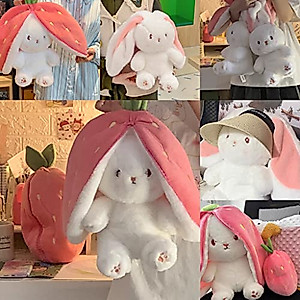 MIAODAM Bunny Stuffed Animal Reversible Cuddle Bunny Stuffed,Strawberry Bunny Transformed Rabbit Plush Zipper,Carrot That Turns Into Ears Bunnies Plushies Toy Cute Stuffy Doll Easter Girlfriend Gift