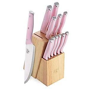 GreenLife High Carbon Stainless Steel 13 Piece Wood Knife Block Set with Chef Steak Knives and more, Comfort Grip Handles, Triple Rivet Cutlery, Soft Pink