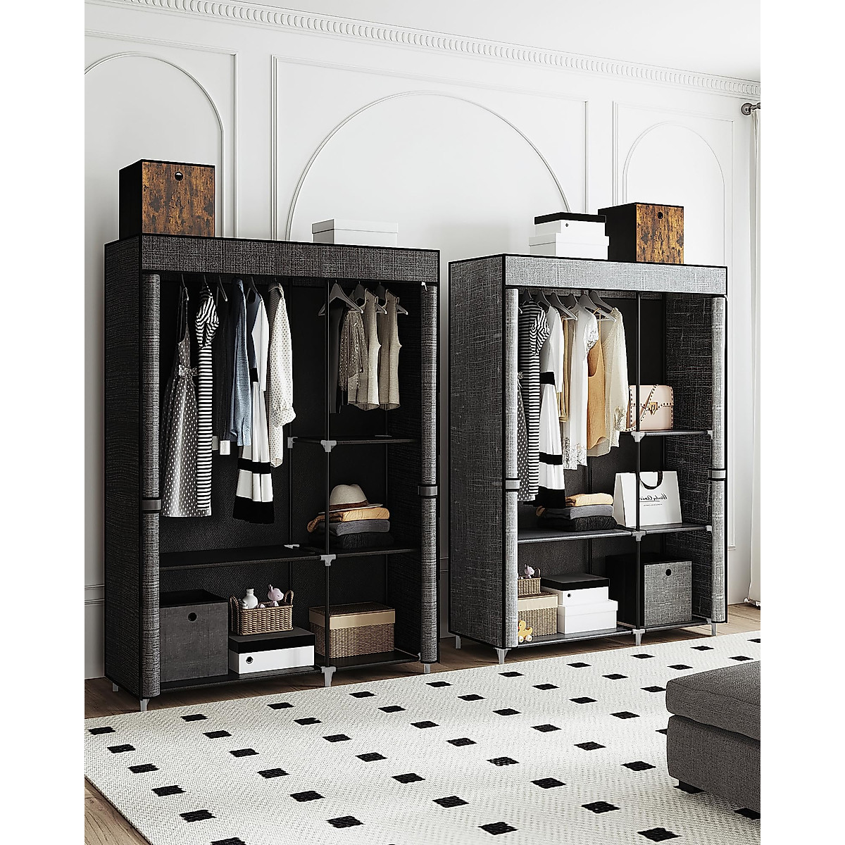 Hzuaneri 47.6-inch Closet Wardrobe, Portable Closet for Bedroom, 2 Clothes Rail with Non-Woven Fabric Cover, Clothes Storage Organizer, 5 Compartments, Black WO0503BC