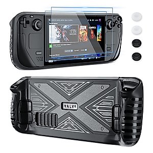 GLDRAM Upgrade Case for Steam Deck, TPU Cover for Valve Steam Deck, Protective Accessories with 2 Screen Protectors, 4 Thumb Grip Caps, Black Skin for Steam Deck Console, Shock-Absorption, Non-Slip