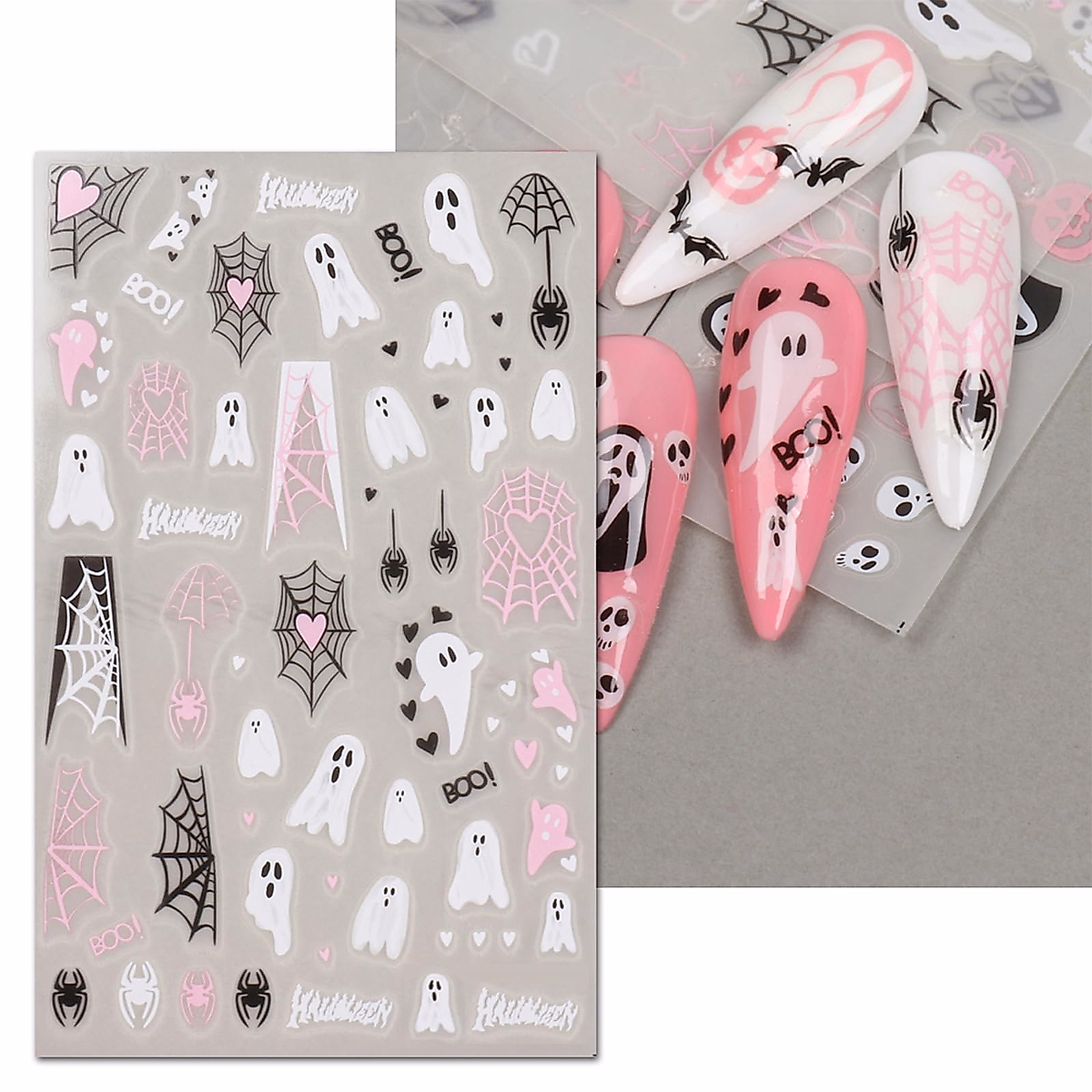JMEOWIO 9 Sheets Pink Halloween Nail Art Stickers Decals Self-Adhesive Pegatinas Uñas Skull Cute Horror Ghost Witchy Spider Web Bat Pumpkin Nail Supplies Nail Art Design Decoration Accessories