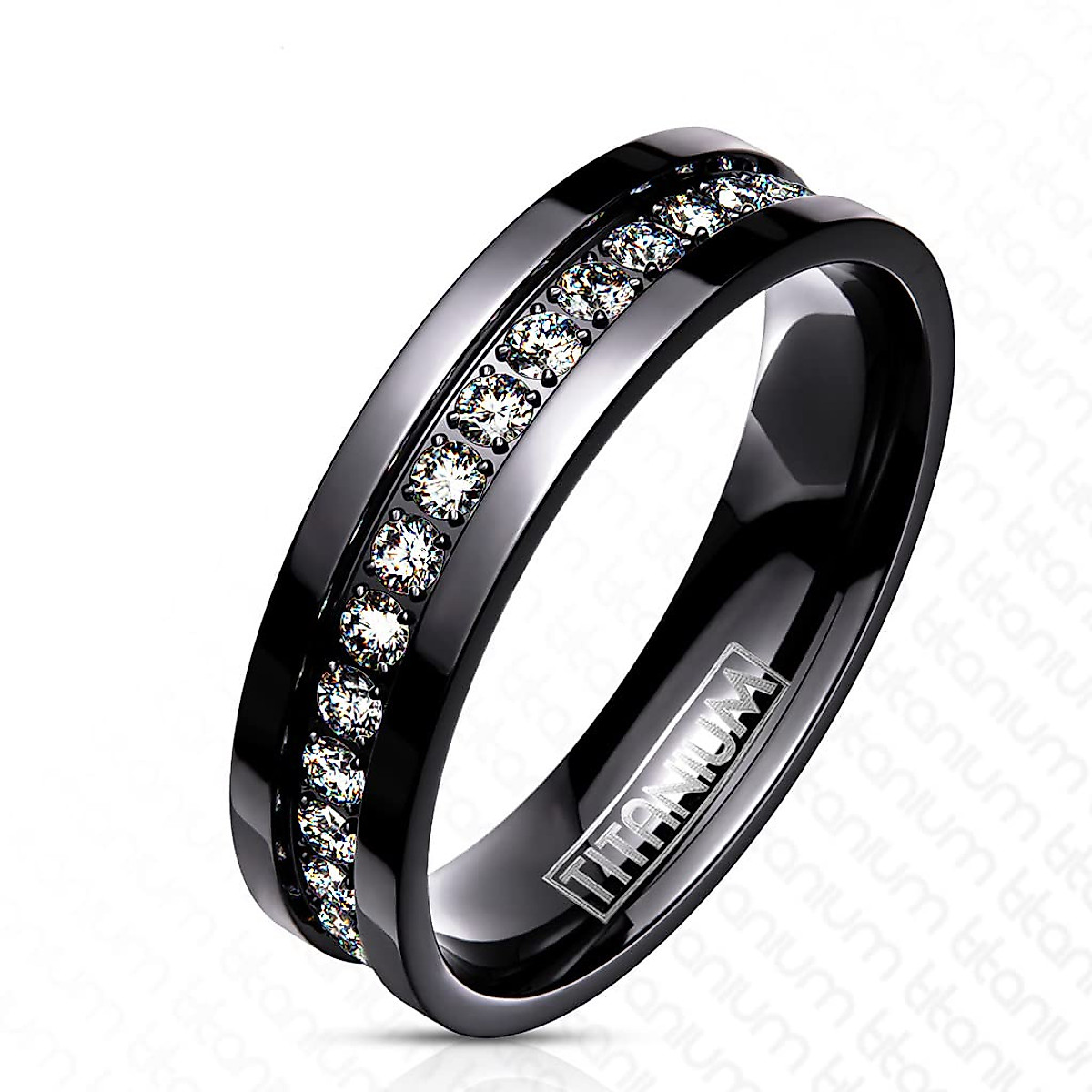 Marimor Jewelry Solid Titanium Black Plated Round Cubic Zirconia Unisex Band Eternity Wedding Ring Size 12