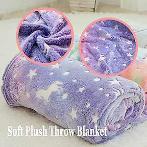Glow in The Dark Throw Blanket for Kids, Unicorn Super Soft Flannel Blanket for Girls, Best Christmas Birthday Thanksgiving Magical Gifts for Girls Kids(50'' x 60'', Purple)