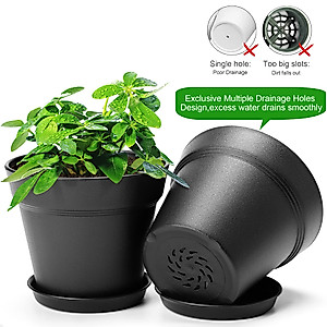 FHWTY 6 Pack Plastic Plant Pots with Drainage Holes and Tray, 4 inch Thickened Indoor Planters Seedlings Nursery Pots for Flowers, African Violet, Succulent and All House Plants, Black