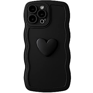 Qokey for iPhone 12 Pro Max Case(6.7" 2020), Cute 3D Colors Love Heart Wavy Frame Full Protection 6.7" Soft TPU Shockproof Phone Cover Women Girls,Black