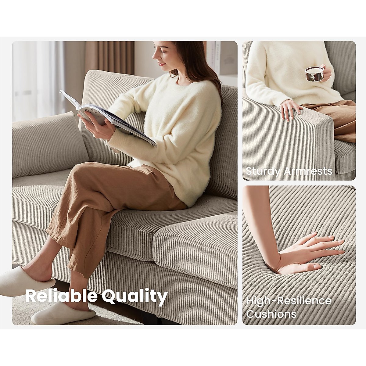 CHIC HOUSE Middle Module for Modular Couch, Corduroy Customizable Chaise, Storage Ottoman for Sectional Sofa, Armrest, Single/Double Seater