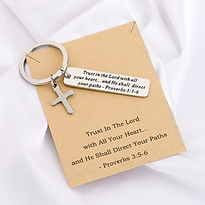 BEKECH Christian Proverbs 3:5-6 Trust in The Lord With All Your Heart Cross Charm Keychain Bible Verse Gift, Trust in the Lord With All Your Heart.. Brown Card, S