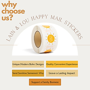 Happy Mail Stickers | Sending Sunshine Yellow Boho Stickers | Cute Packaging for Small Business | 1 Roll with 500 - Round Envelope Seals | 4 Unique Designs | Sunshine Party, Small Business Supplies