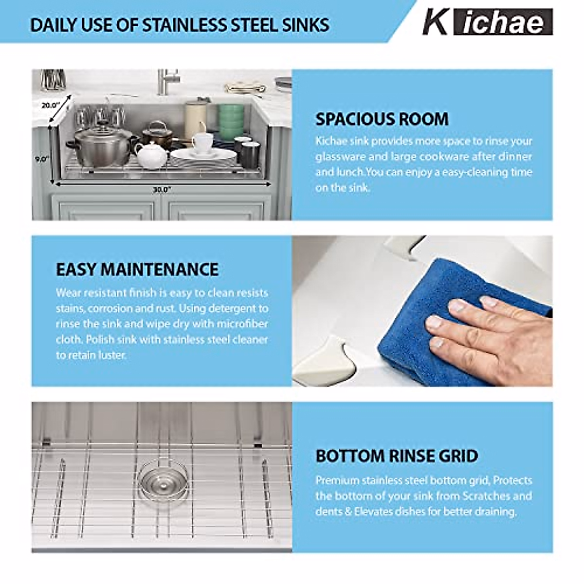 Kichae 30 Inch Farmhouse Apron Front Kitchen Sink Stainless Steel Single Bowl Kitchen Farm Sinks 30" Undermount Single Basin Farmer Sink