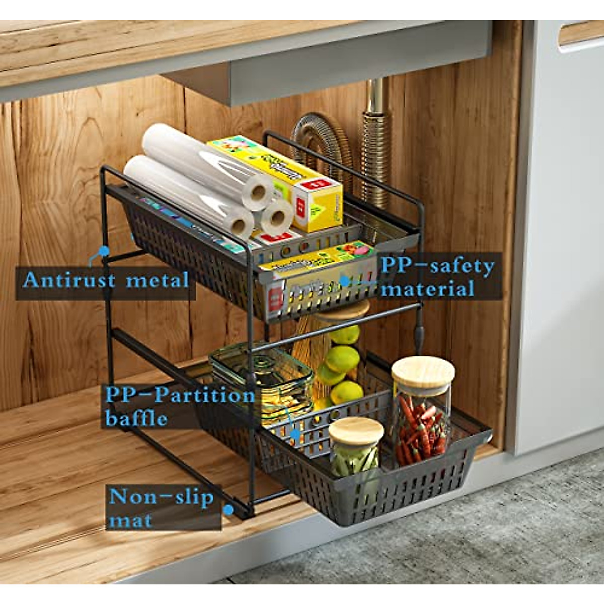 Under Sink Organizer,Bathroom Organizer Under Sink with Sliding Basket,Under Sink Cabinet Organizer Rack For Kitchen,Toilet,Sturdy,Anti-Rust Black