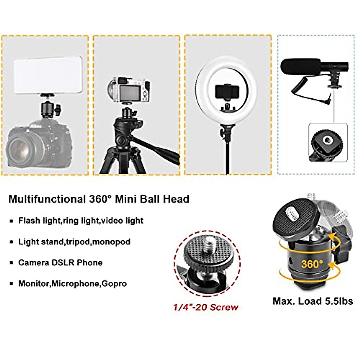 Camera Super Clamp Mount with Ball Head Mount Hot Shoe Adapter with 1/4 Thread for GoPro Hero 10 9 8 7 6 5 4,DJI Action Cameras, LCD Field Monitor LED Lights 360°Motorcycle Camera Mount