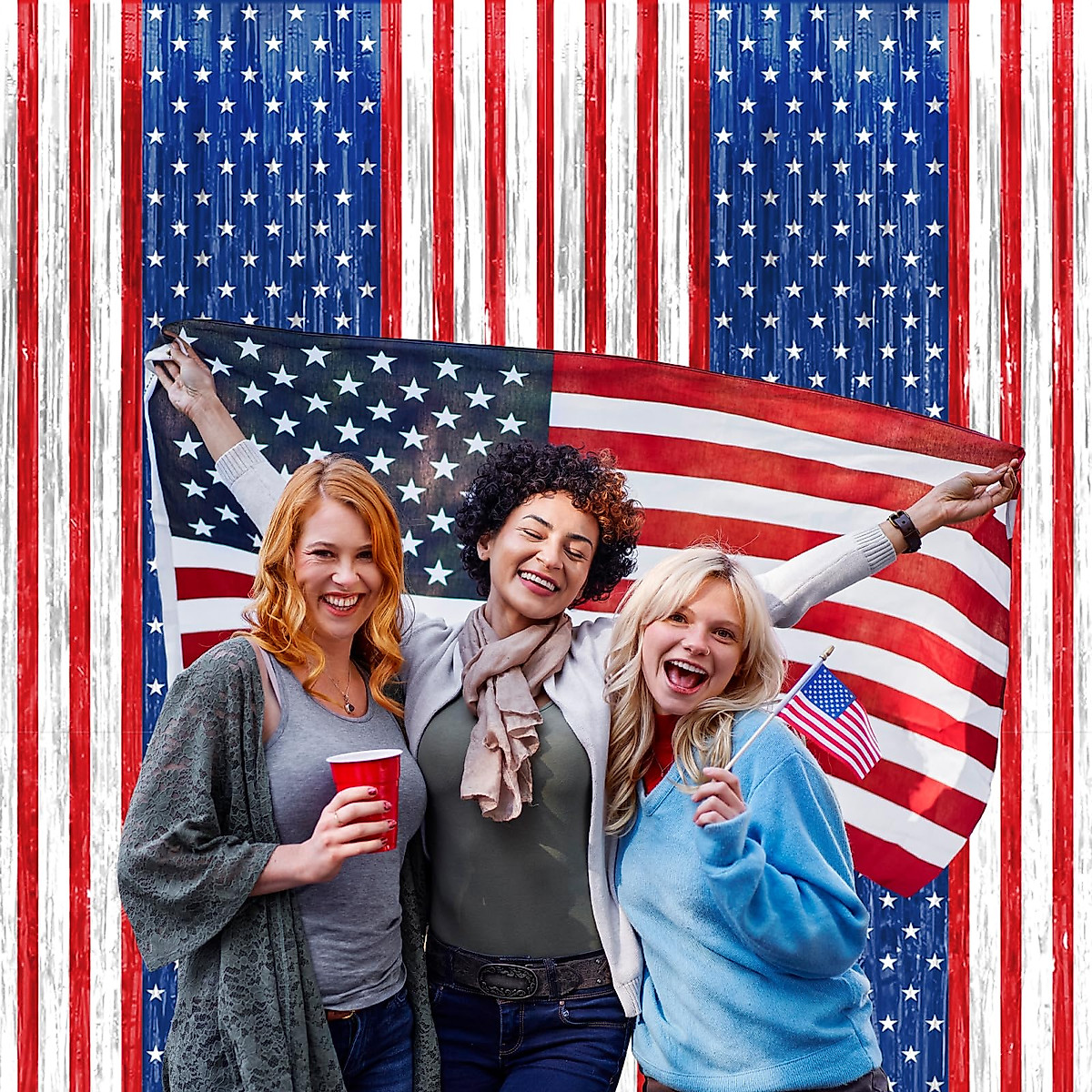 Patriotic Party Decorations, Red White Blue 2 Pack America Tinsel Foil Fringe Curtains Patriotic Backdrop for Independence Day Memorial Day Labor Day Veteran Party Patriotic Party Photo Booth Prop