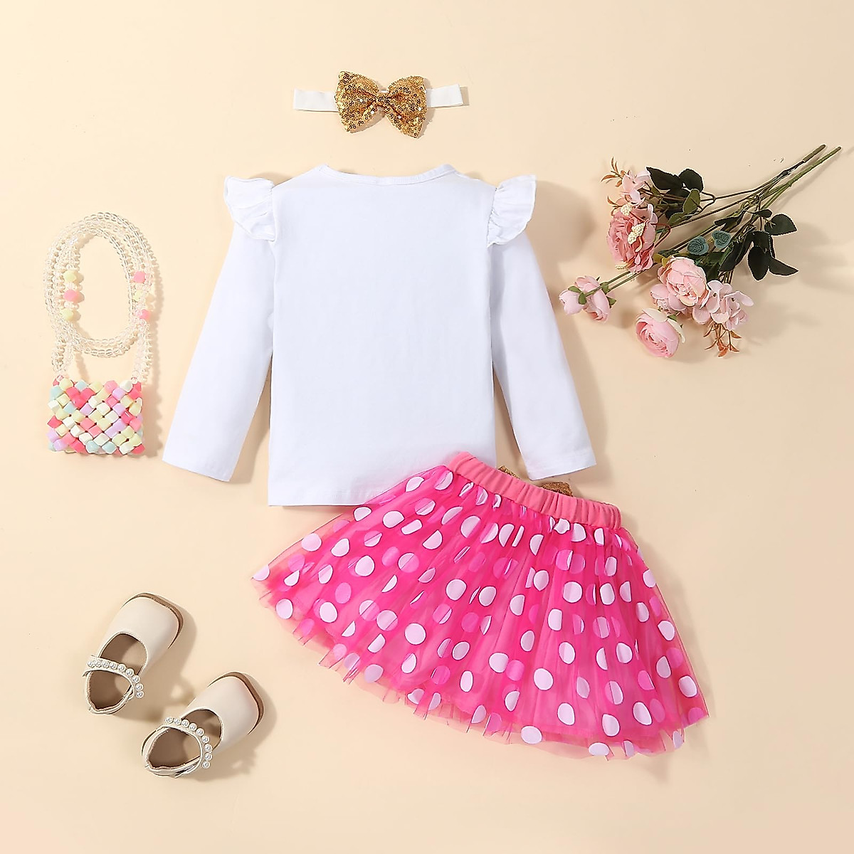 vivifayee Toddler Kids Baby Birthday Girl Outfit Ruffle Long Sleeve Mouse Ears Birthday Shirt Polka Dots Tutu Dress Cute Skirt Sets with Headband